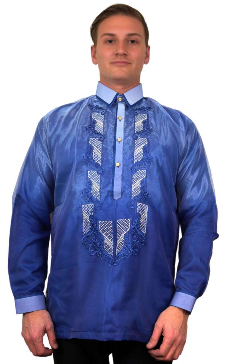 Blue Long Sleeve Organza Barong Tagalog ORDER US SIZE