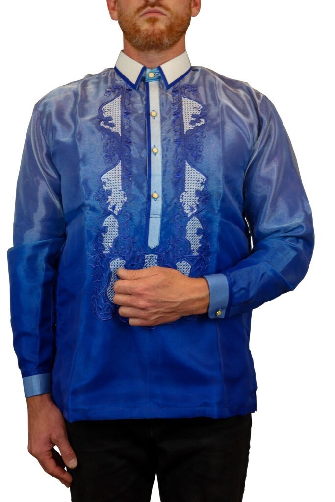 Blue Long Sleeve Organza Barong Tagalog ORDER US SIZE