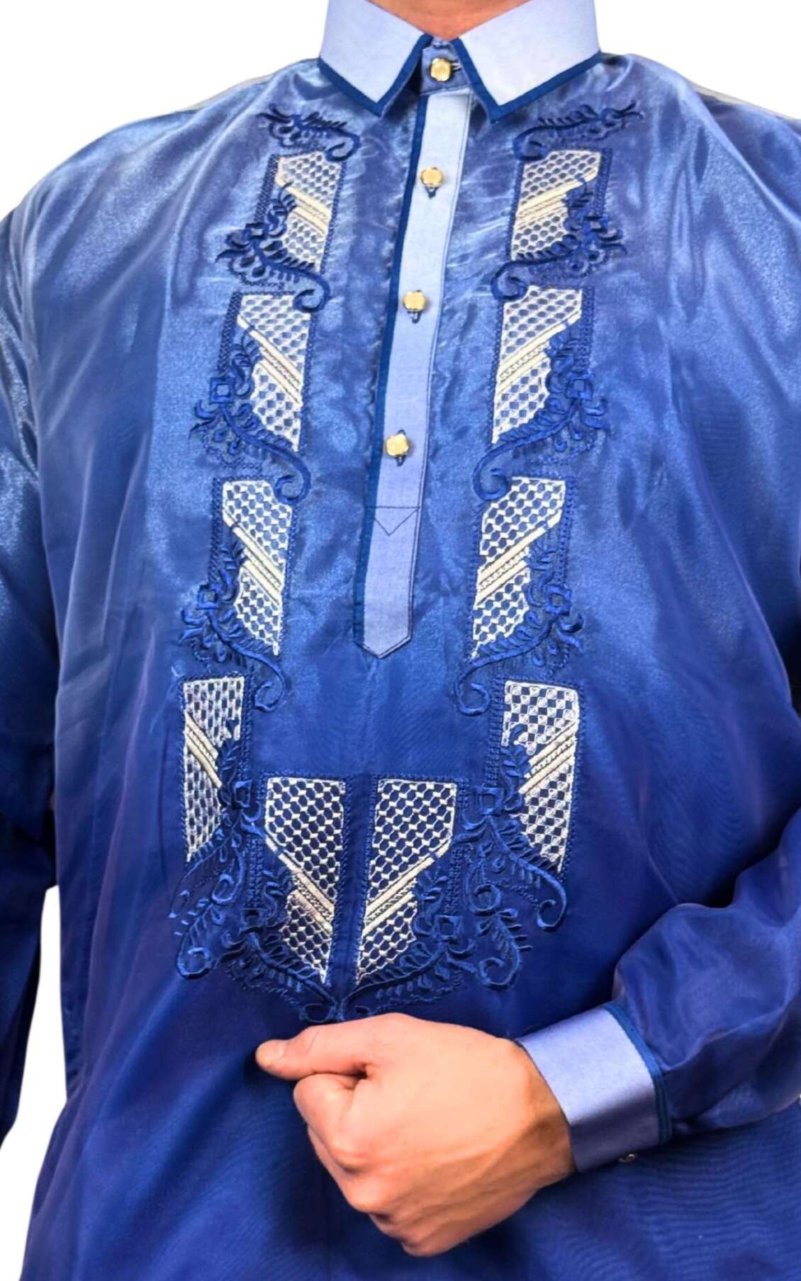 Blue Long Sleeve Organza Barong Tagalog ORDER US SIZE