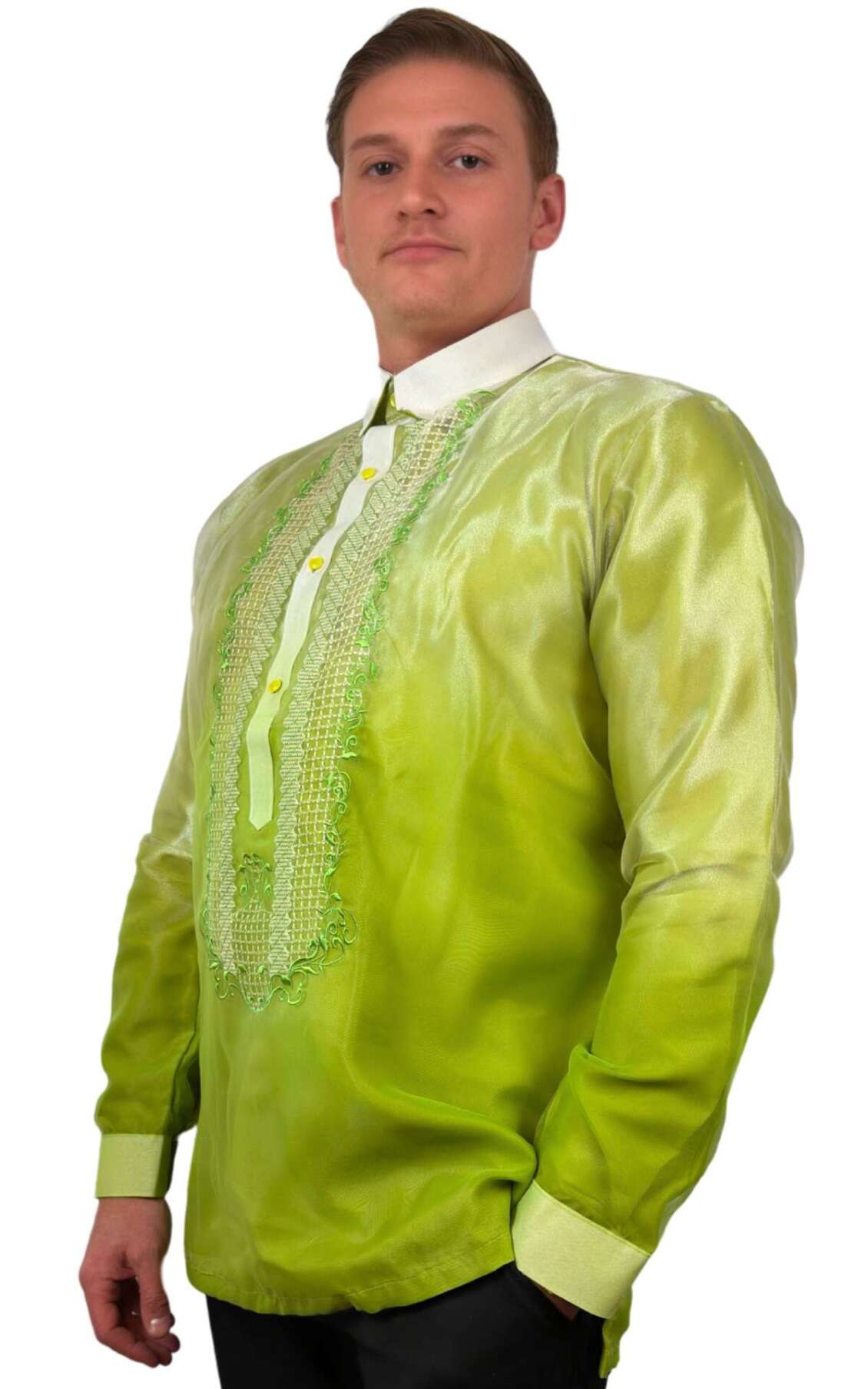 Green Long Sleeve Organza Barong Tagalog - ORDER US SIZE
