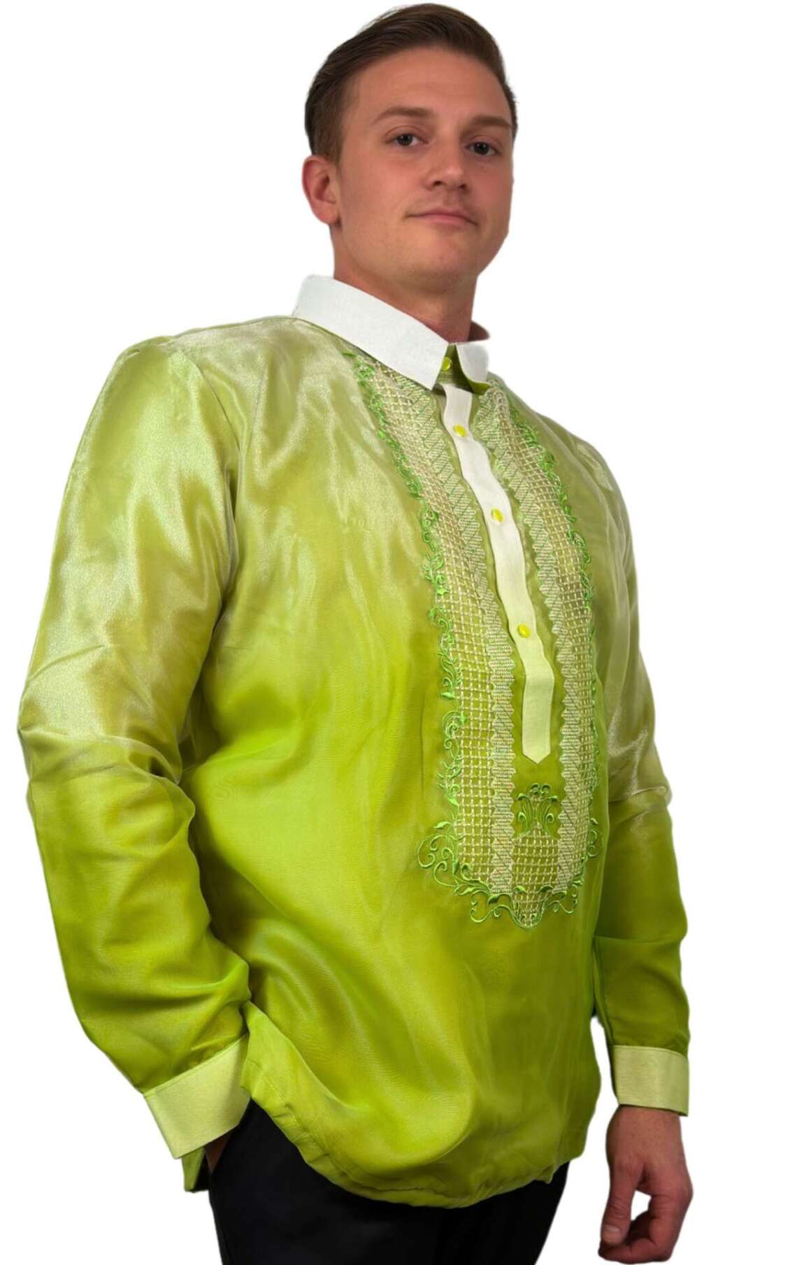 Green Long Sleeve Organza Barong Tagalog - ORDER US SIZE