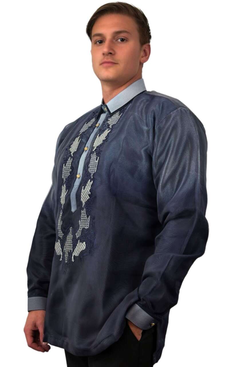 Navy Long Sleeve Organza Barong Tagalog ORDER US SIZE