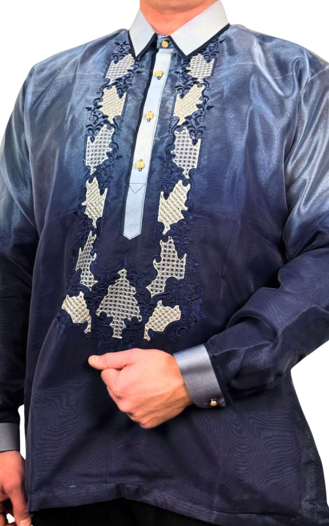 Navy Long Sleeve Organza Barong Tagalog ORDER US SIZE
