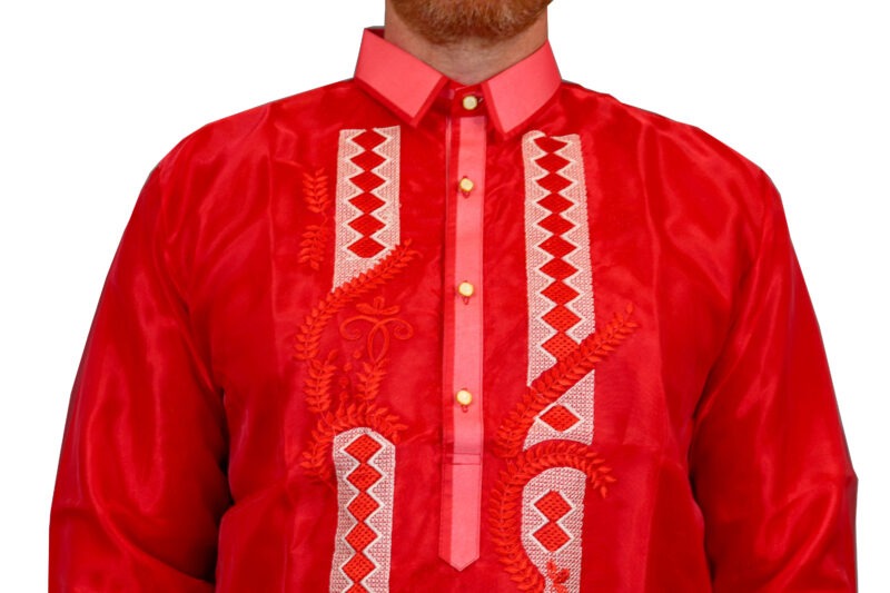 Red Long Sleeve Organza Barong Tagalog - ORDER US SIZE