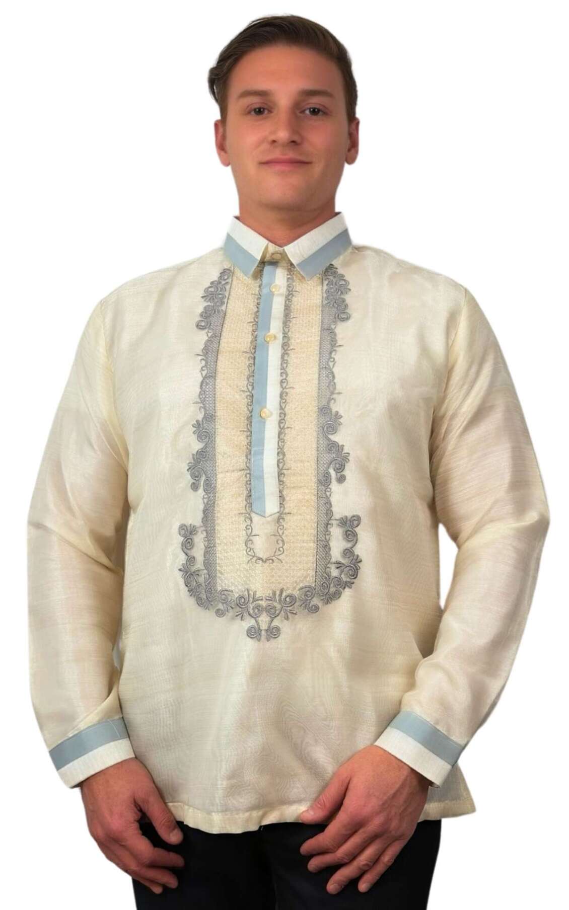 White and Gray Long Sleeve Organza Barong Tagalog ORDER US SIZE