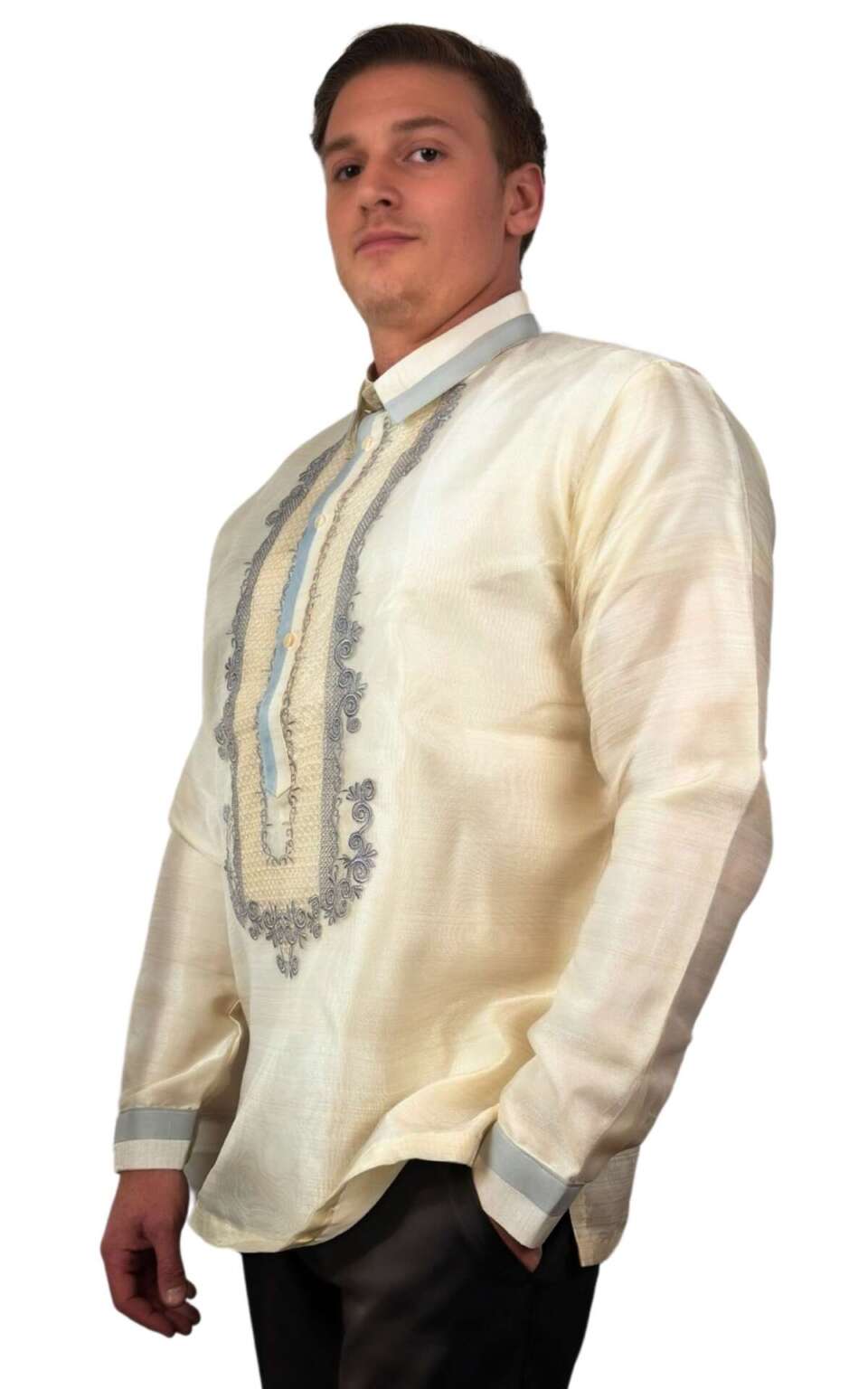 White and Gray Long Sleeve Organza Barong Tagalog ORDER US SIZE