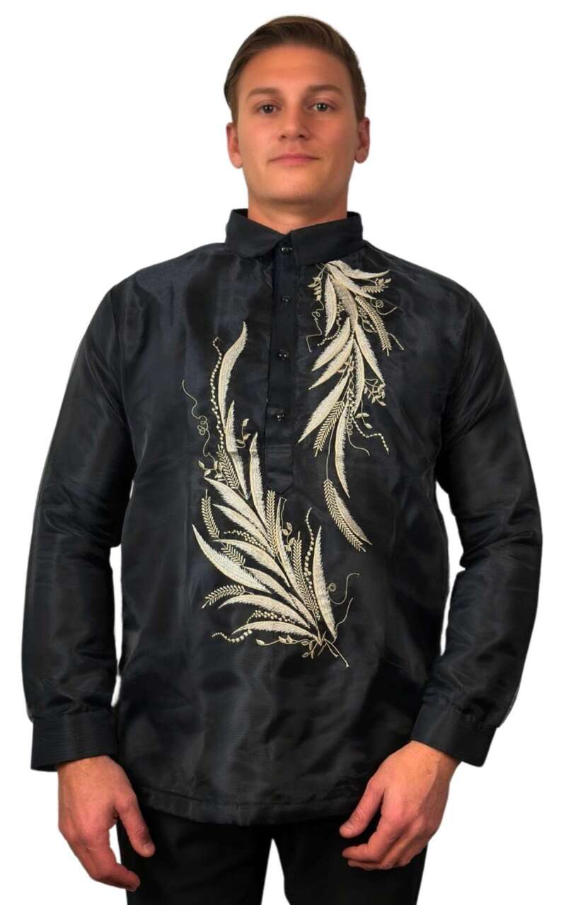 Black Feather Embroidered Long Sleeve Organza Barong Tagalog