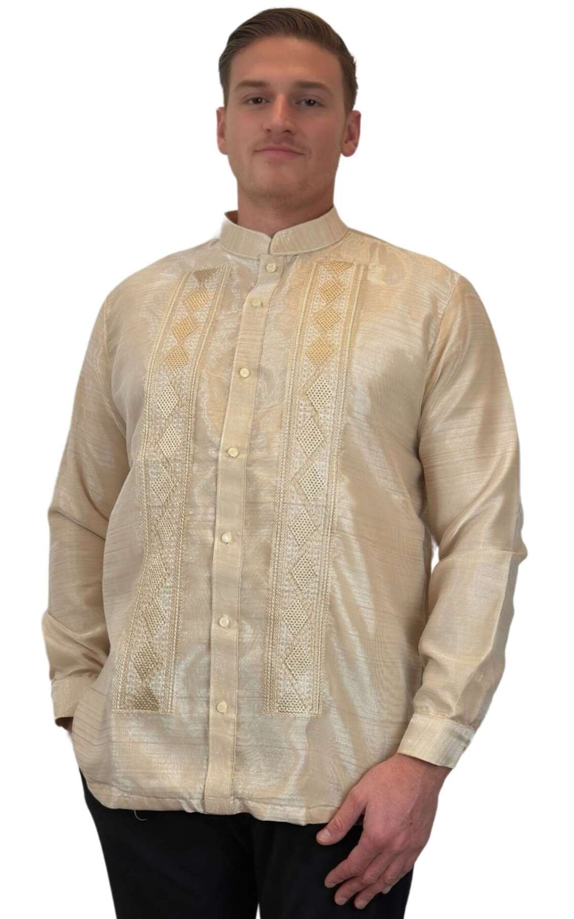 Beige Chinese Collar Full Button Barong Tagalog ORDER US SIZE