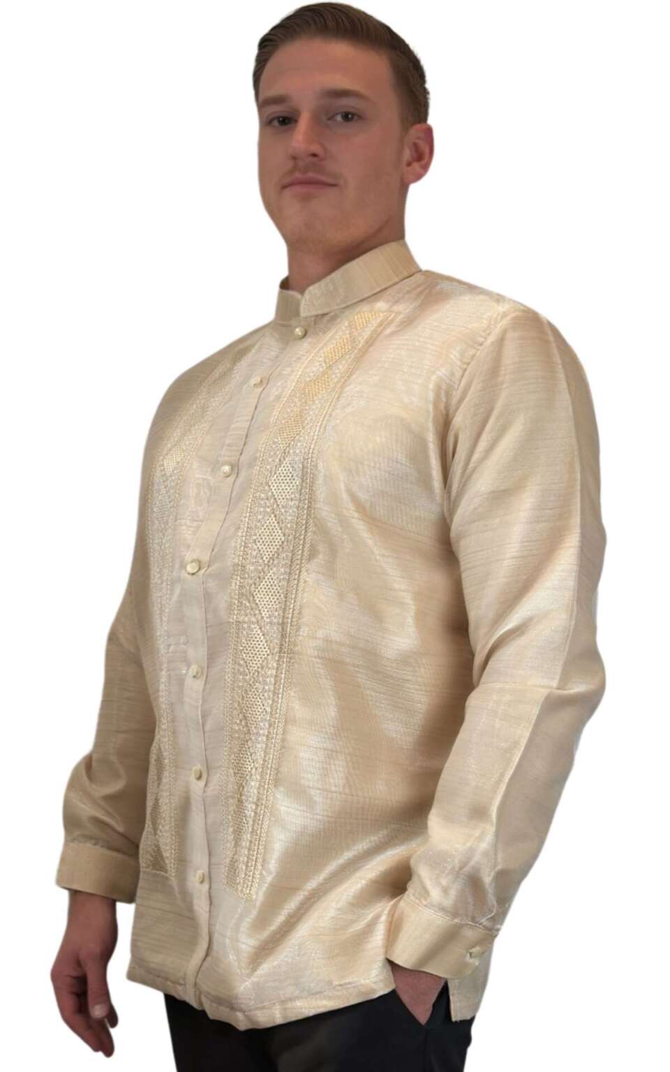 Beige Chinese Collar Full Button Barong Tagalog ORDER US SIZE