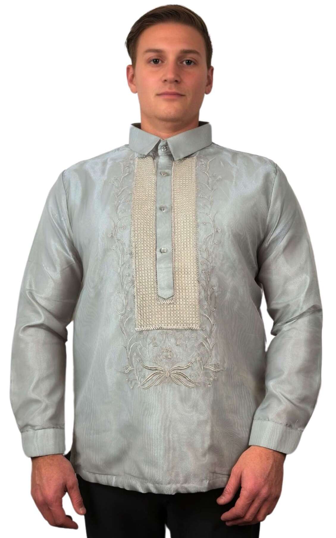 Gray Long Sleeve Organza Barong Tagalog – ORDER US SIZE