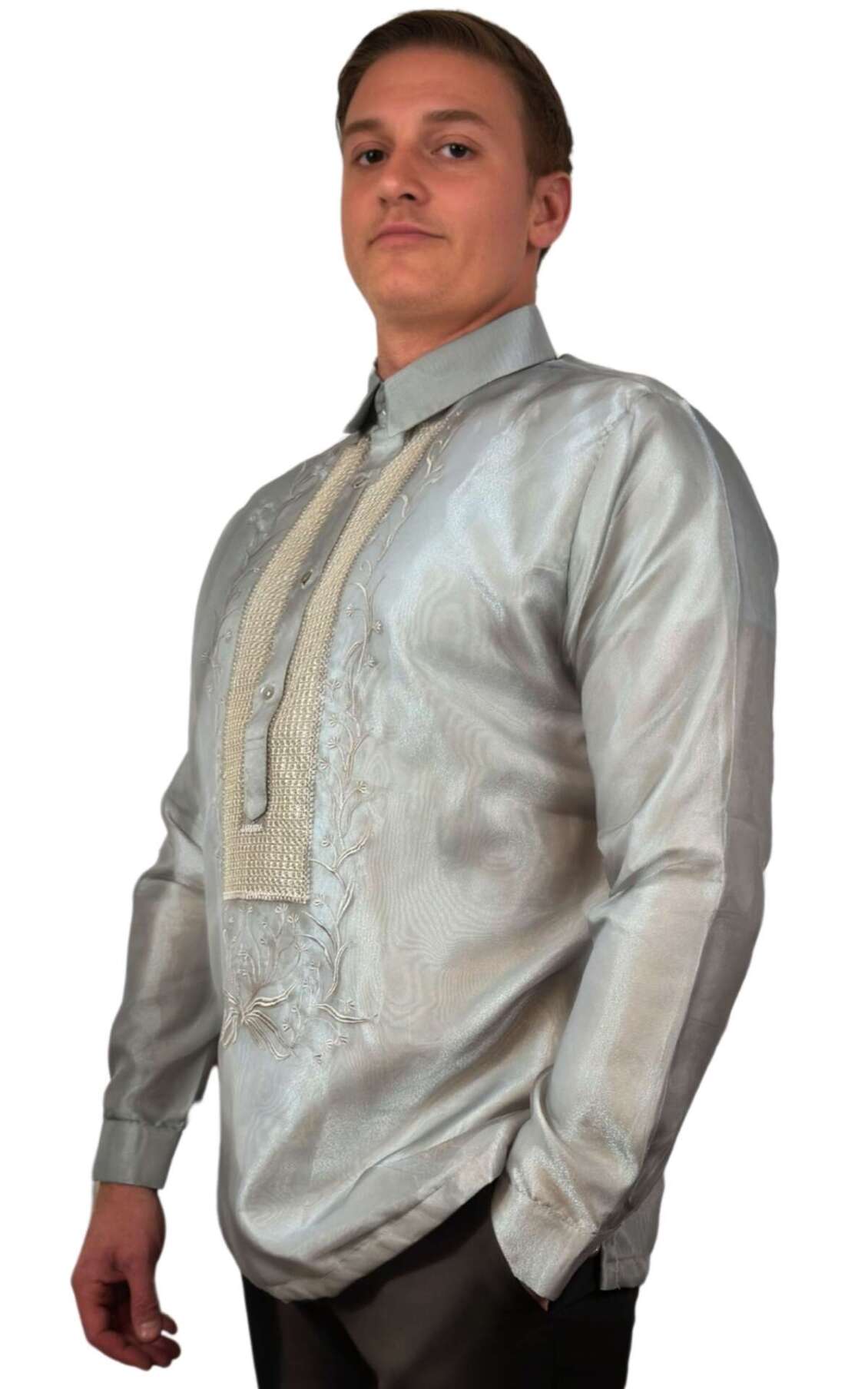 Gray Long Sleeve Organza Barong Tagalog – ORDER US SIZE